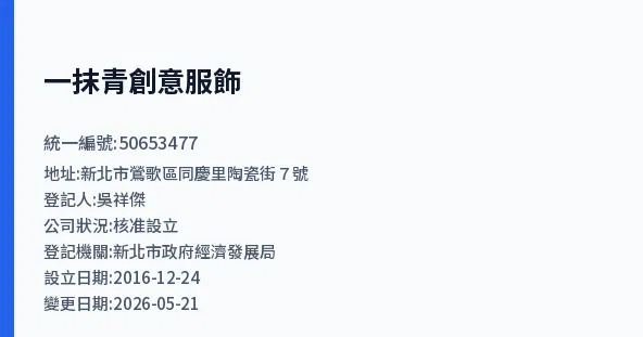 一抹青創意服飾的照片-統編 50653477(新北市) 公司登記資料與營業項目詳細圖表