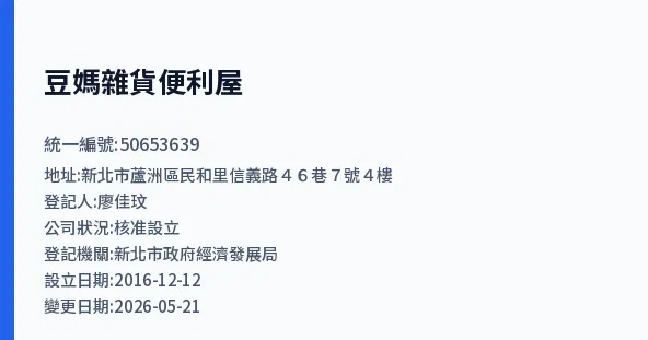豆媽雜貨便利屋的照片-統編 50653639(新北市) 公司登記資料與營業項目詳細圖表
