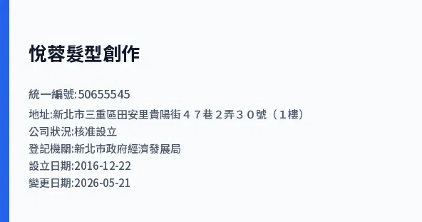 悅蓉髮型創作的照片-統編 50655545(新北市) 公司登記資料與營業項目詳細圖表