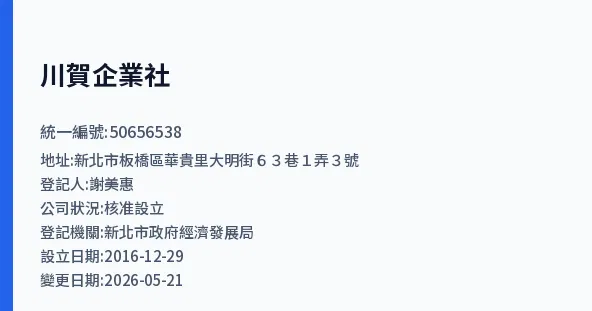 川賀企業社的照片-統編 50656538(新北市) 公司登記資料與營業項目詳細圖表