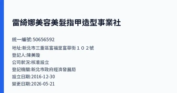 雷綺娜美容美髮指甲造型事業社的照片-統編 50656592(新北市) 公司登記資料與營業項目詳細圖表