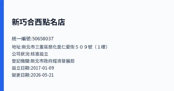 新巧合西點名店的照片-統編 50658037(新北市) 公司登記資料與營業項目詳細圖表
