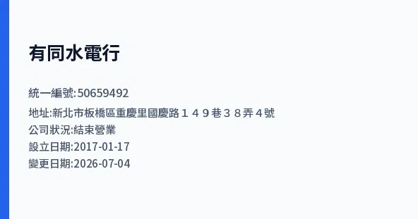有同水電行的照片-統編 50659492(新北市) 公司登記資料與營業項目詳細圖表