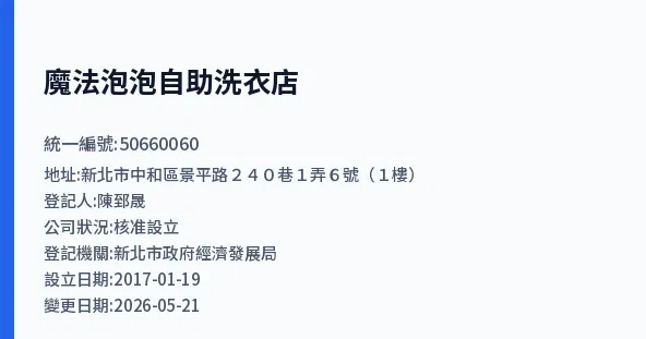 魔法泡泡自助洗衣店的照片-統編 50660060(新北市) 公司登記資料與營業項目詳細圖表