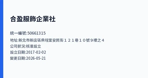 合盈服飾企業社的照片-統編 50661315(新北市) 公司登記資料與營業項目詳細圖表