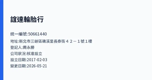 誼達輪胎行的照片-統編 50661440(新北市) 公司登記資料與營業項目詳細圖表