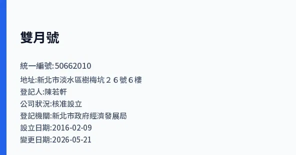 雙月號的照片-統編 50662010(新北市) 公司登記資料與營業項目詳細圖表