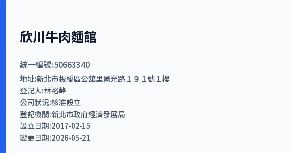 欣川牛肉麵館的照片-統編 50663340(新北市) 公司登記資料與營業項目詳細圖表
