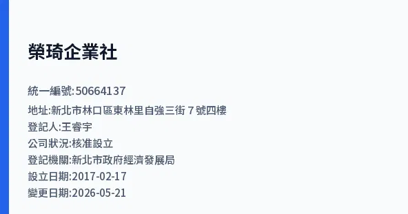 榮琦企業社的照片-統編 50664137(新北市) 公司登記資料與營業項目詳細圖表