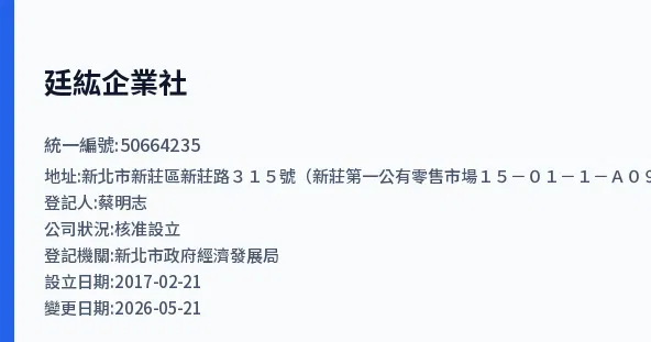 廷紘企業社的照片-統編 50664235(新北市) 公司登記資料與營業項目詳細圖表