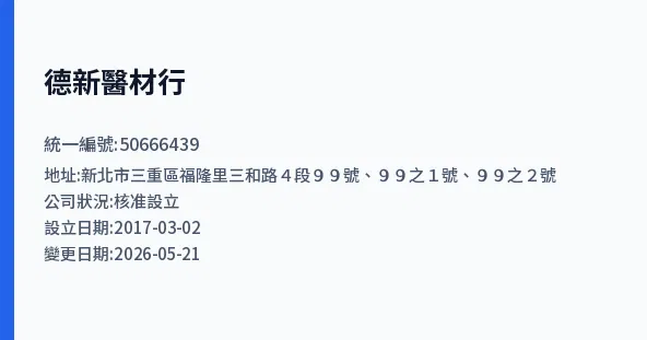 德新醫材行的照片-統編 50666439(新北市) 公司登記資料與營業項目詳細圖表