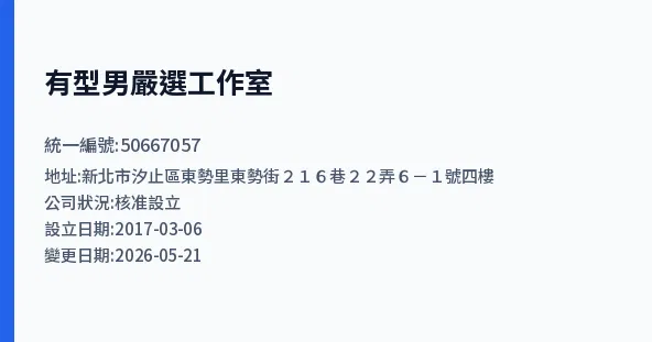 有型男嚴選工作室的照片-統編 50667057(新北市) 公司登記資料與營業項目詳細圖表