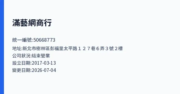 滿藝網商行的照片-統編 50668773(新北市) 公司登記資料與營業項目詳細圖表