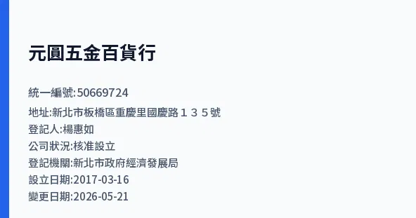 元圓五金百貨行的照片-統編 50669724(新北市) 公司登記資料與營業項目詳細圖表