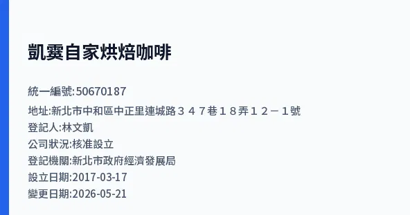 凱霙自家烘焙咖啡的照片-統編 50670187(新北市) 公司登記資料與營業項目詳細圖表