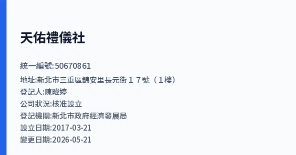 天佑禮儀社的照片-統編 50670861(新北市) 公司登記資料與營業項目詳細圖表