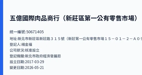 五億國際肉品商行(新莊區第一公有零售市場)的照片-統編 50671405(新北市) 公司登記資料與營業項目詳細圖表