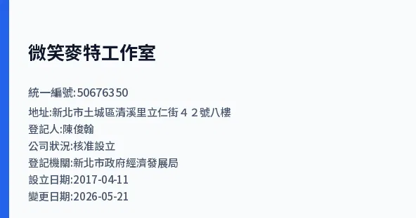 微笑麥特工作室的照片-統編 50676350(新北市) 公司登記資料與營業項目詳細圖表