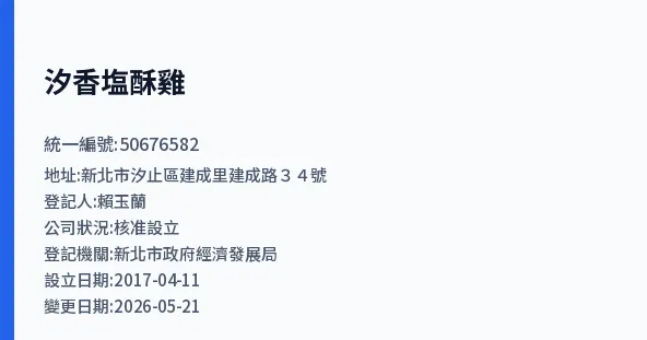 汐香塩酥雞的照片-統編 50676582(新北市) 公司登記資料與營業項目詳細圖表