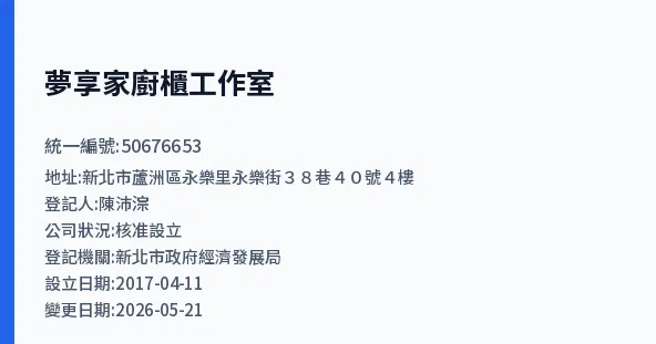 夢享家廚櫃工作室的照片-統編 50676653(新北市) 公司登記資料與營業項目詳細圖表