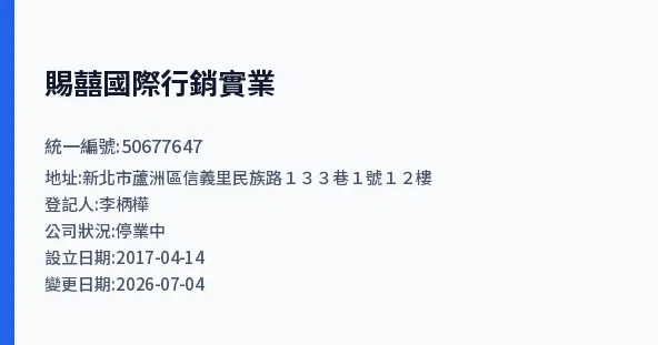 賜囍國際行銷實業的照片-統編 50677647(新北市) 公司登記資料與營業項目詳細圖表