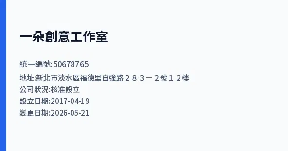 一朵創意工作室的照片-統編 50678765(新北市) 公司登記資料與營業項目詳細圖表