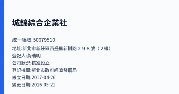 城錦綜合企業社的照片-統編 50679510(新北市) 公司登記資料與營業項目詳細圖表