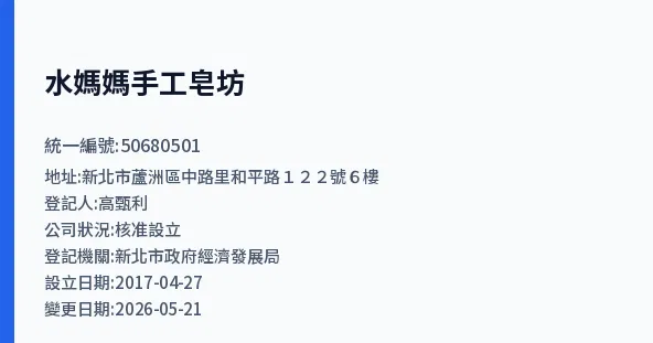 水媽媽手工皂坊的照片-統編 50680501(新北市) 公司登記資料與營業項目詳細圖表