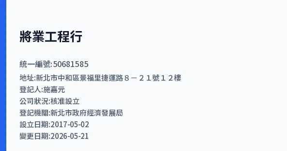 將業工程行的照片-統編 50681585(新北市) 公司登記資料與營業項目詳細圖表