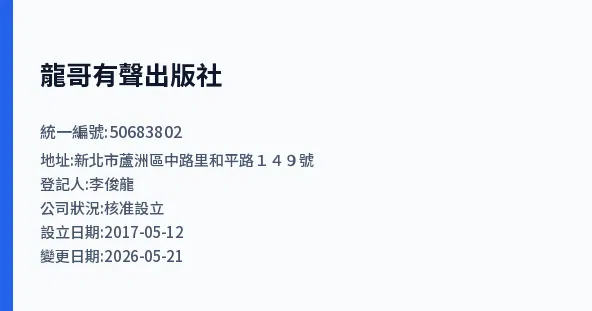 龍哥有聲出版社的照片-統編 50683802(新北市) 公司登記資料與營業項目詳細圖表