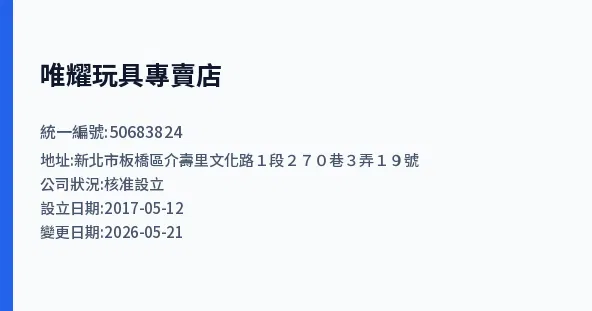 唯耀玩具專賣店的照片-統編 50683824(新北市) 公司登記資料與營業項目詳細圖表