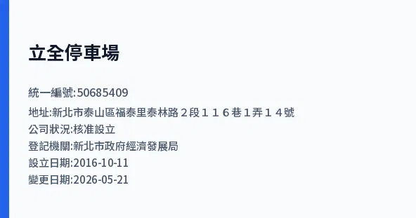 立全停車場的照片-統編 50685409(新北市) 公司登記資料與營業項目詳細圖表
