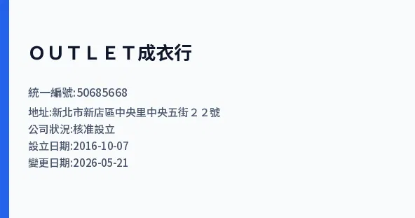 OUTLET成衣行的照片-統編 50685668(新北市) 公司登記資料與營業項目詳細圖表
