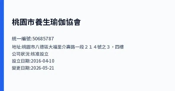 桃園市養生瑜伽協會的照片-統編 50685787(桃園市) 公司登記資料與營業項目詳細圖表