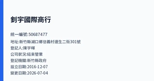 釗宇國際商行的照片-統編 50687477(新竹縣) 公司登記資料與營業項目詳細圖表
