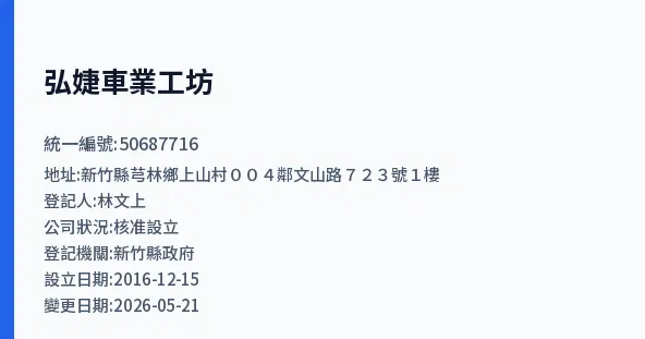 弘婕車業工坊的照片-統編 50687716(新竹縣) 公司登記資料與營業項目詳細圖表