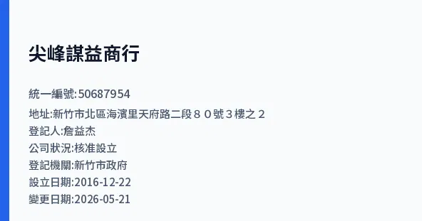 尖峰謀益商行的照片-統編 50687954(新竹市) 公司登記資料與營業項目詳細圖表