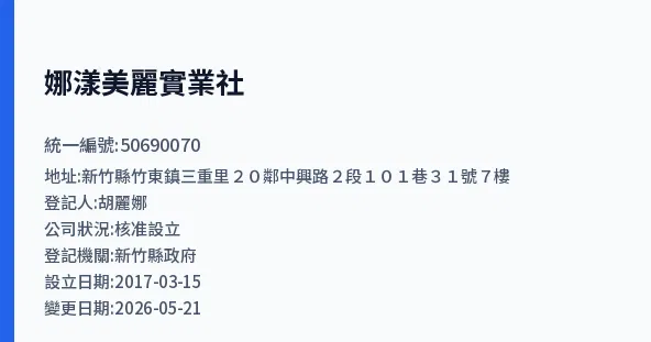 娜漾美麗實業社的照片-統編 50690070(新竹縣) 公司登記資料與營業項目詳細圖表