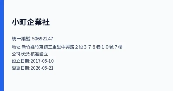 小町企業社的照片-統編 50692247(新竹縣) 公司登記資料與營業項目詳細圖表