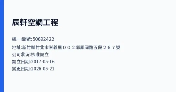 辰軒空調工程的照片-統編 50692422(新竹縣) 公司登記資料與營業項目詳細圖表
