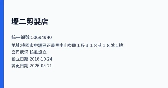 壢二剪髮店的照片-統編 50694940(桃園市) 公司登記資料與營業項目詳細圖表