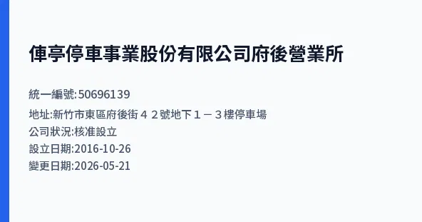 俥亭停車事業股份有限公司府後營業所的照片-統編 50696139(新竹市) 公司登記資料與營業項目詳細圖表