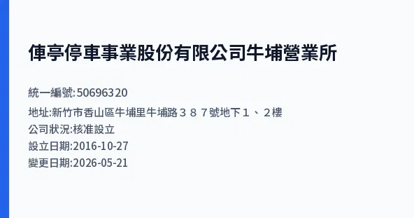 俥亭停車事業股份有限公司牛埔營業所的照片-統編 50696320(新竹市) 公司登記資料與營業項目詳細圖表