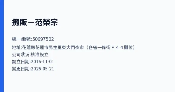 攤販-范榮宗的照片-統編 50697502(花蓮縣) 公司登記資料與營業項目詳細圖表
