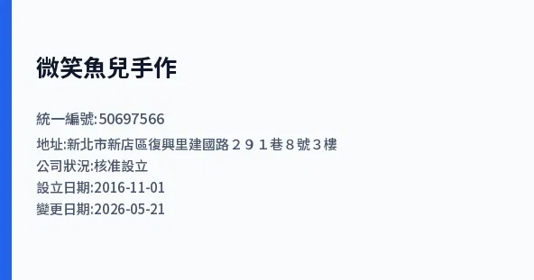 微笑魚兒手作的照片-統編 50697566(新北市) 公司登記資料與營業項目詳細圖表