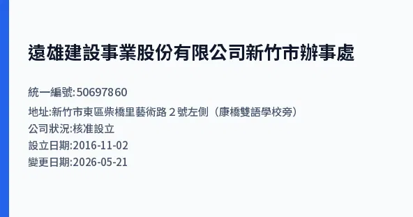 遠雄建設事業股份有限公司新竹市辦事處的照片-統編 50697860(新竹市) 公司登記資料與營業項目詳細圖表