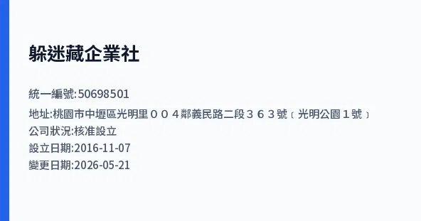 躲迷藏企業社的照片-統編 50698501(桃園市) 公司登記資料與營業項目詳細圖表