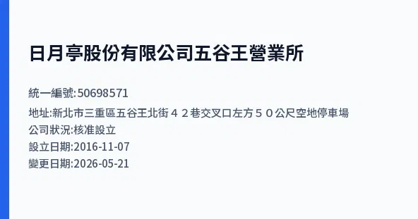 日月亭股份有限公司五谷王營業所的照片-統編 50698571(新北市) 公司登記資料與營業項目詳細圖表