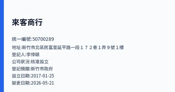 來客商行的照片-統編 50700289(新竹市) 公司登記資料與營業項目詳細圖表