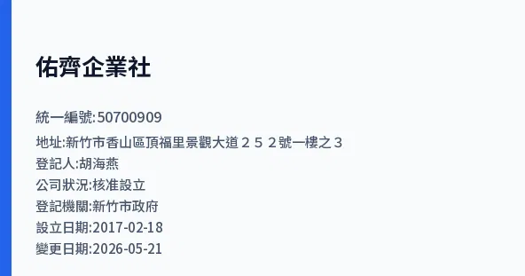 佑齊企業社的照片-統編 50700909(新竹市) 公司登記資料與營業項目詳細圖表